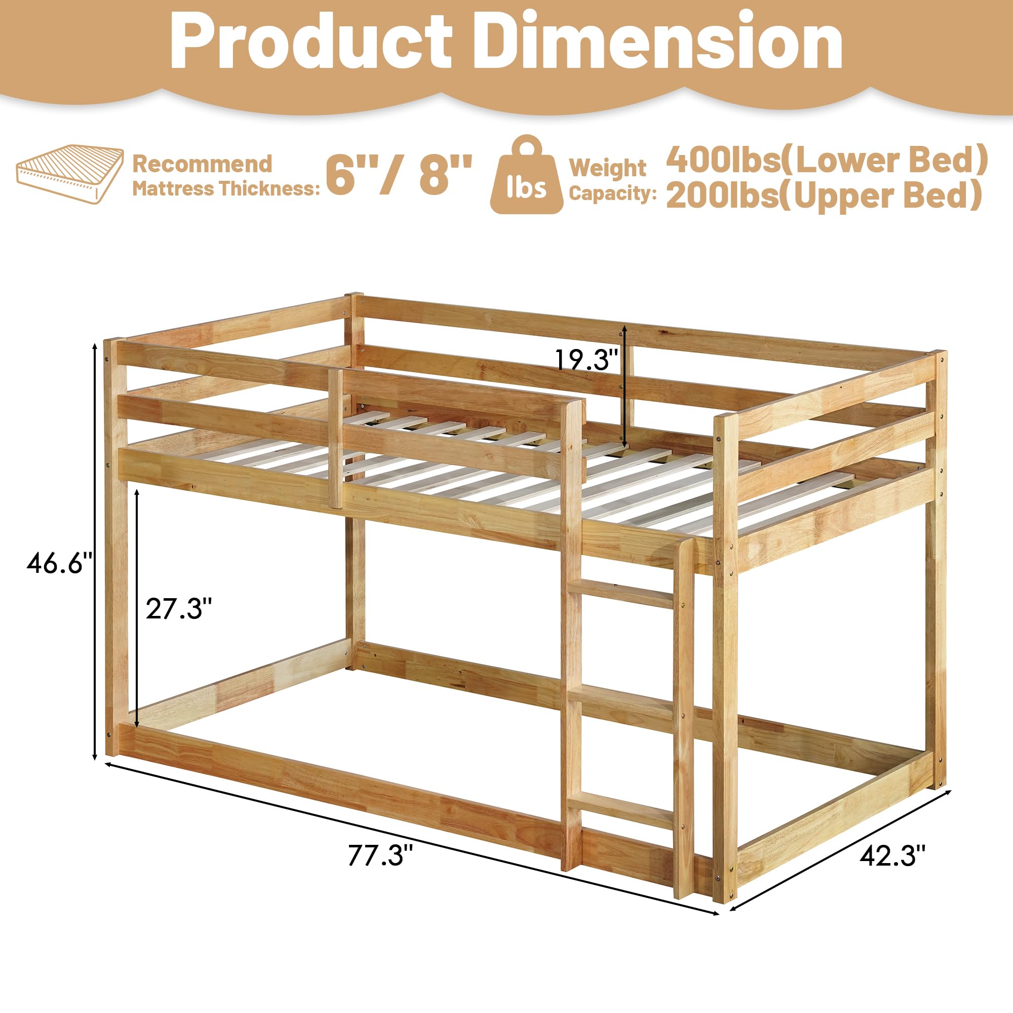 LUKEEHOM Bunk Bed Twin Over Twin, Wood Low Profile Floor Twin Bunk Beds with Ladder Guardrails for Kids Boys and Girls, No Box Spring Needed