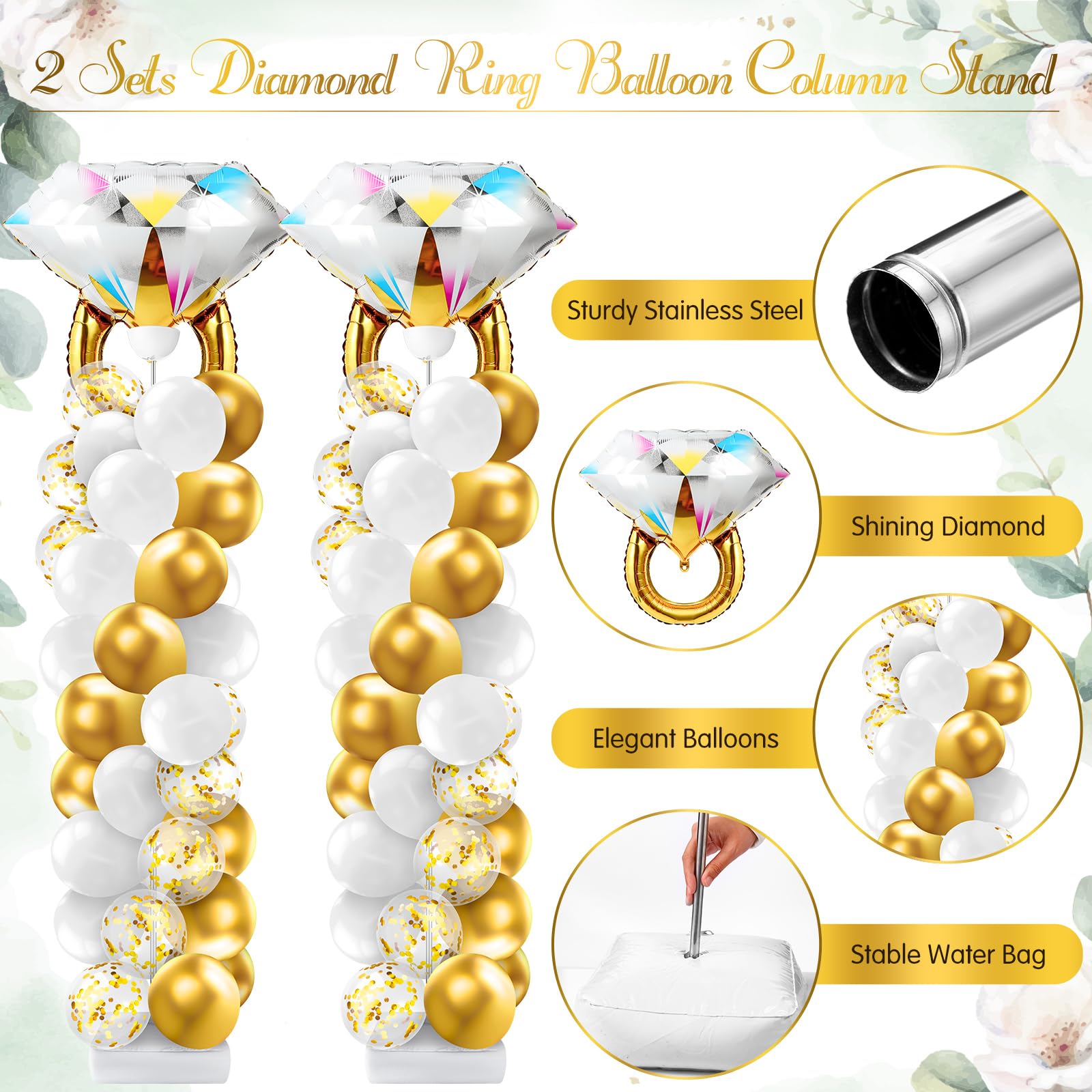 Realspring 2 Sets Diamond Ring Balloon Column Stand Kit with 2 Ring Foil Ring Balloons 100 Latex Balloons, Adjustable Balloon Stands White and Gold Balloon Arch for Bridal Shower Wedding Engagement