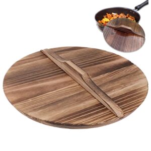 wok lid, 14 inch natural wooden wok cover, anti-scalding pot lid, replacement round pot cover with handle for kitchen camping picnic,wok cover