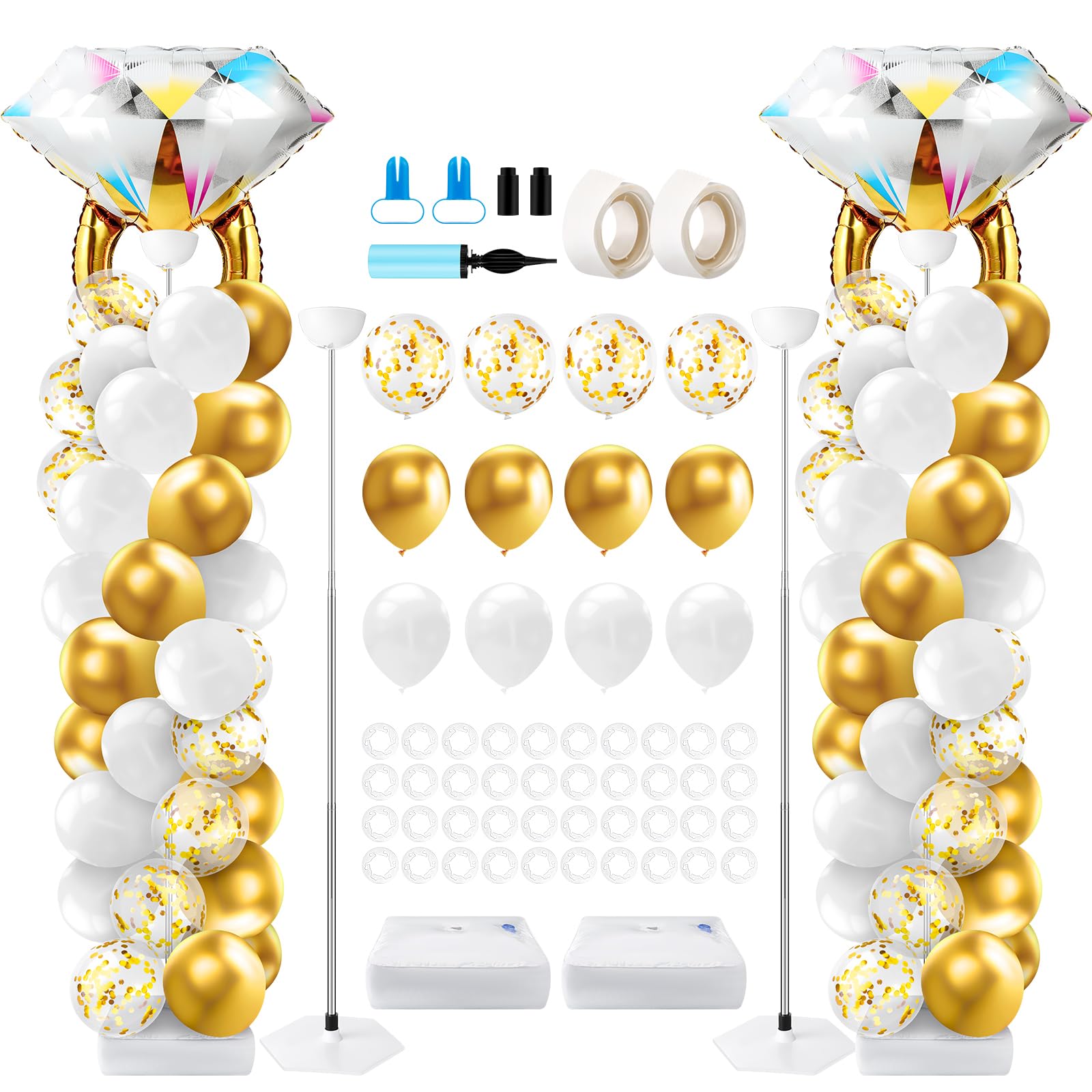 Realspring 2 Sets Diamond Ring Balloon Column Stand Kit with 2 Ring Foil Ring Balloons 100 Latex Balloons, Adjustable Balloon Stands White and Gold Balloon Arch for Bridal Shower Wedding Engagement