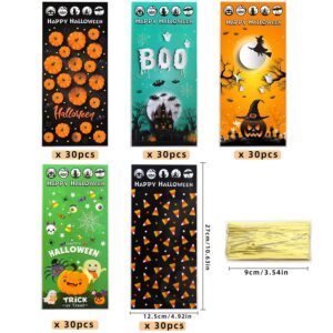 FXMHEHBB Halloween Cellophane Candy Bags, 150 Pcs Plastic Halloween Trick or Treat Bags Goodies Bags with Twist Ties for Snacks Cookies