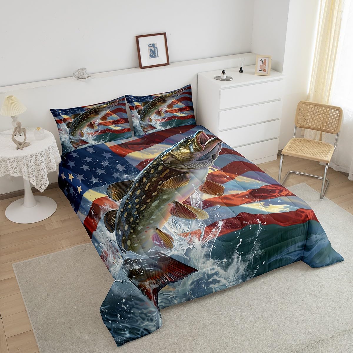 Feelyou American Flag Big Pike Fish Comforter Set Bass Big Fish Bedding Set for Kids Boys Girls Hunting Fishing Comforter Soft Quilt Set Twin Size