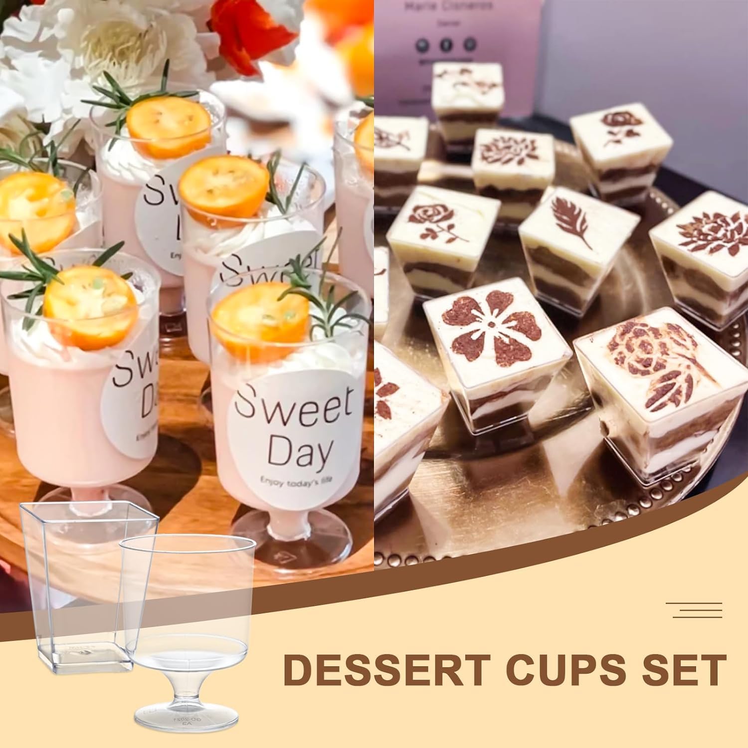 200Pcs Dessert Cups with Spoons 100Pcs 5 OZ Mini Clear Plastic Appetizer Parfait Cup 100 Spoon Small Fruit Ice Cream Mousse Pudding Serving Bowl Shooter for Party Square Wine Shot Glasses Round Goblet