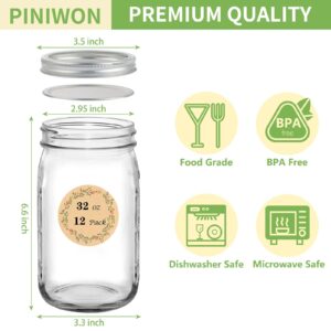 PINIWON Wide Mouth Mason Jars 32 oz with Airtight Lids and Bands, 12 Pack Quart Canning Jars, Clear Glass Mason Jars for Canning, Pickling, Preserving, Meal Prep, DIY Projects