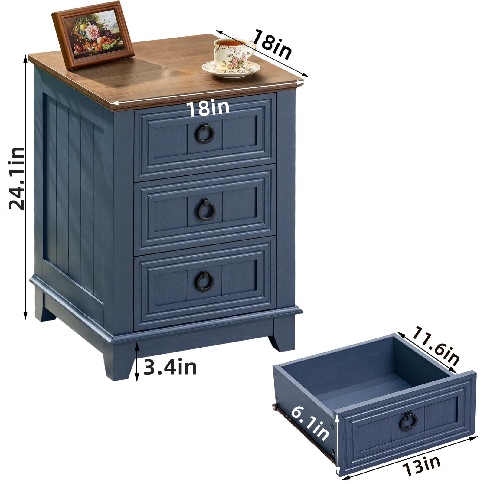 Joaxswe Nightstand Set of 2, Farmhouse 18 Inch End Table with 3 Drawer Metal Handle, Dresser for Bedroom, Sofa Bed Side Table Chest of Drawers,Wood Night Stand Cabinet for Organizer, Living Room