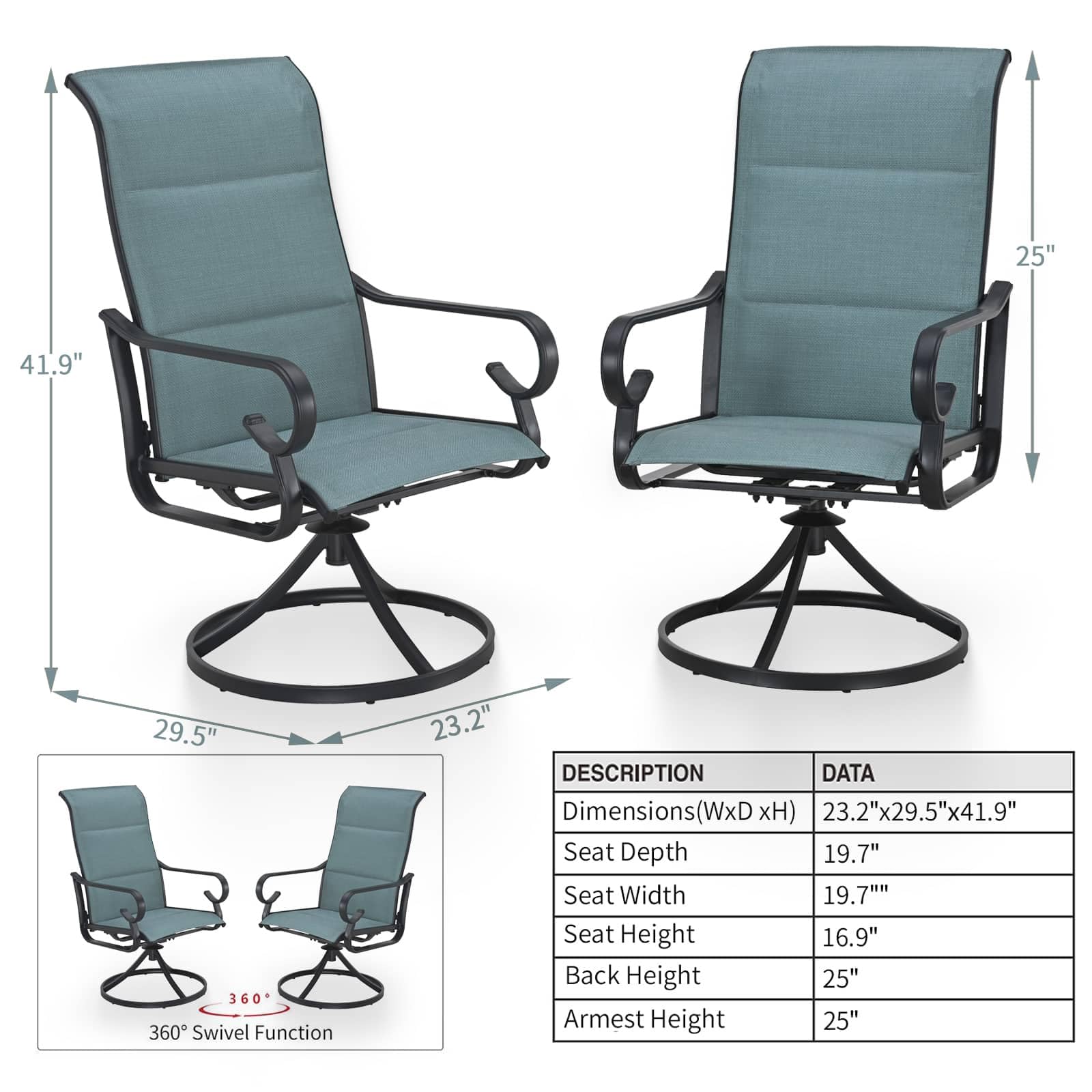 PatioFestival Patio Dining Chairs Textilene Outdoor High Back Swivel Rocker Chair Set with All Weather Frame (Blue-Green, Set of 2)