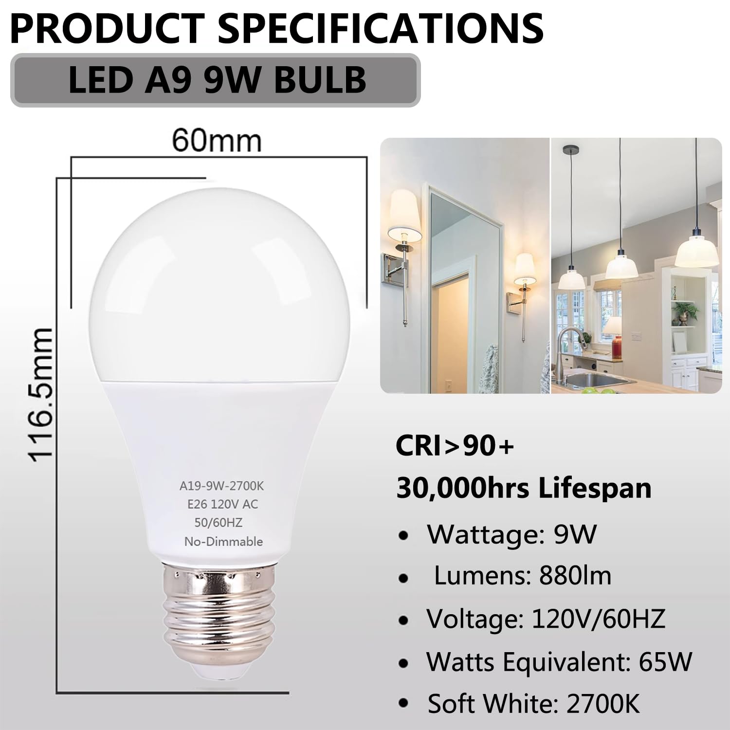 ZwwYvv LED Light Bulb 65 Watt Equivalent, A19 Energy Efficient 9W,880 Lumens, 2700K Soft White, Non-Dimmable, 30,000 Hour Lifetime,Frosted,2 Count (Pack of 1)