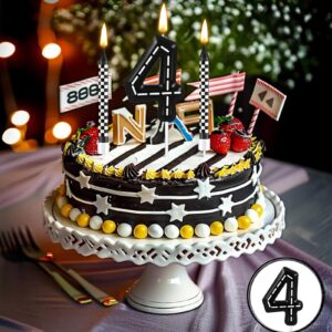 13 Pcs Racing Cars Themed Birthday Candles - 1 to 9 Number Candle & Black and White Checkered Candles, Truck Candle Cake Topper for Racing Car Party Baby Shower Party Decoration Supplies (Number 4)