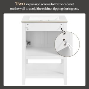 Yaheetech 24" Modern Bathroom Vanity with Sink, Bathroom Sink Cabinet with Rectangular Ceramic Basin, Bathroom Vanities Cabinet with 2 Doors and 1 Open Shelf, White