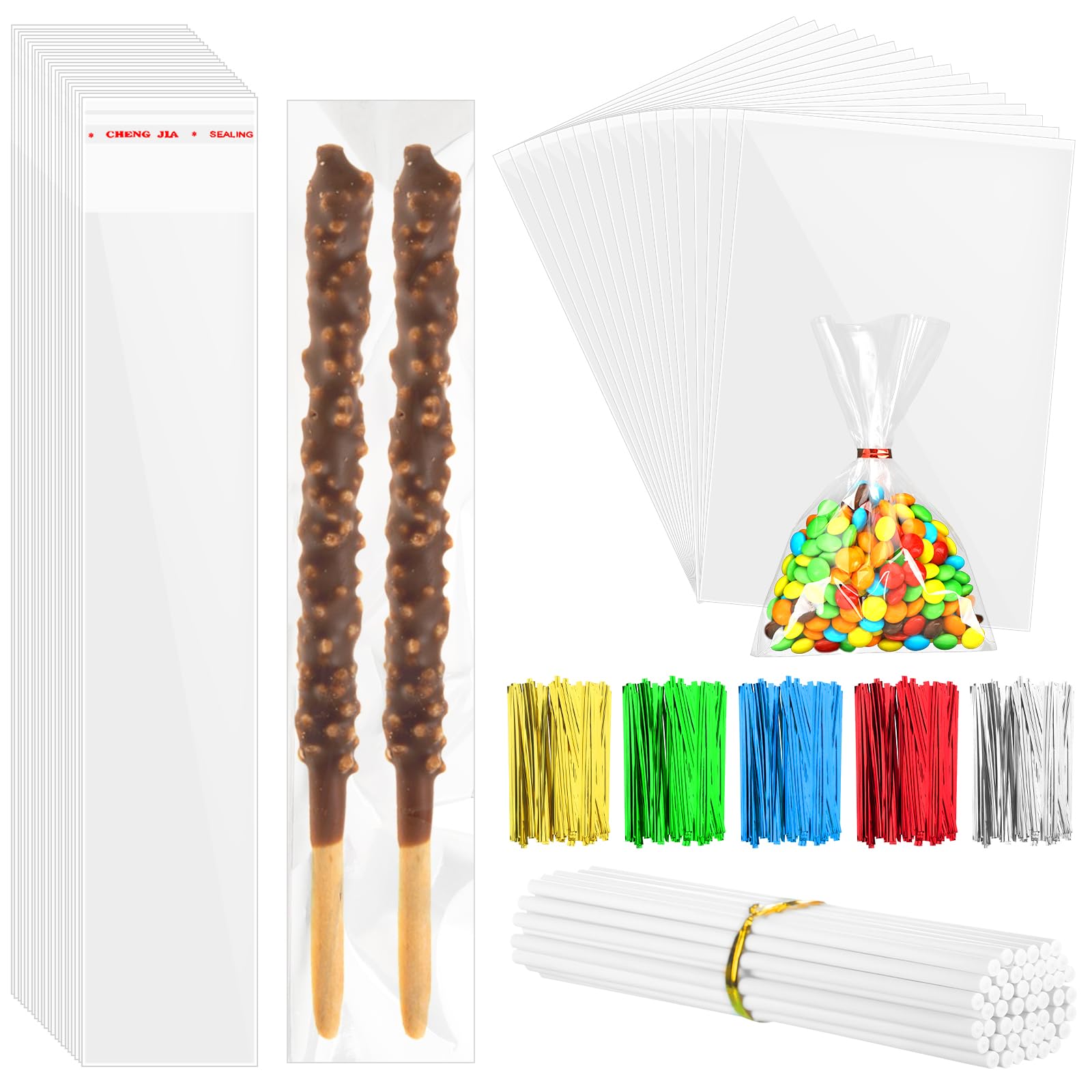 400 Pcs Cellophane Treat Bags with Ties 4"x6" and Pretzel Rod Bags 2"x10" with 50ct 6-inch Paper Lollipop Sticks,200ct Twist Ties for Treat Pretzel Candy Cookie Lollipop Party Christmas,Halloween