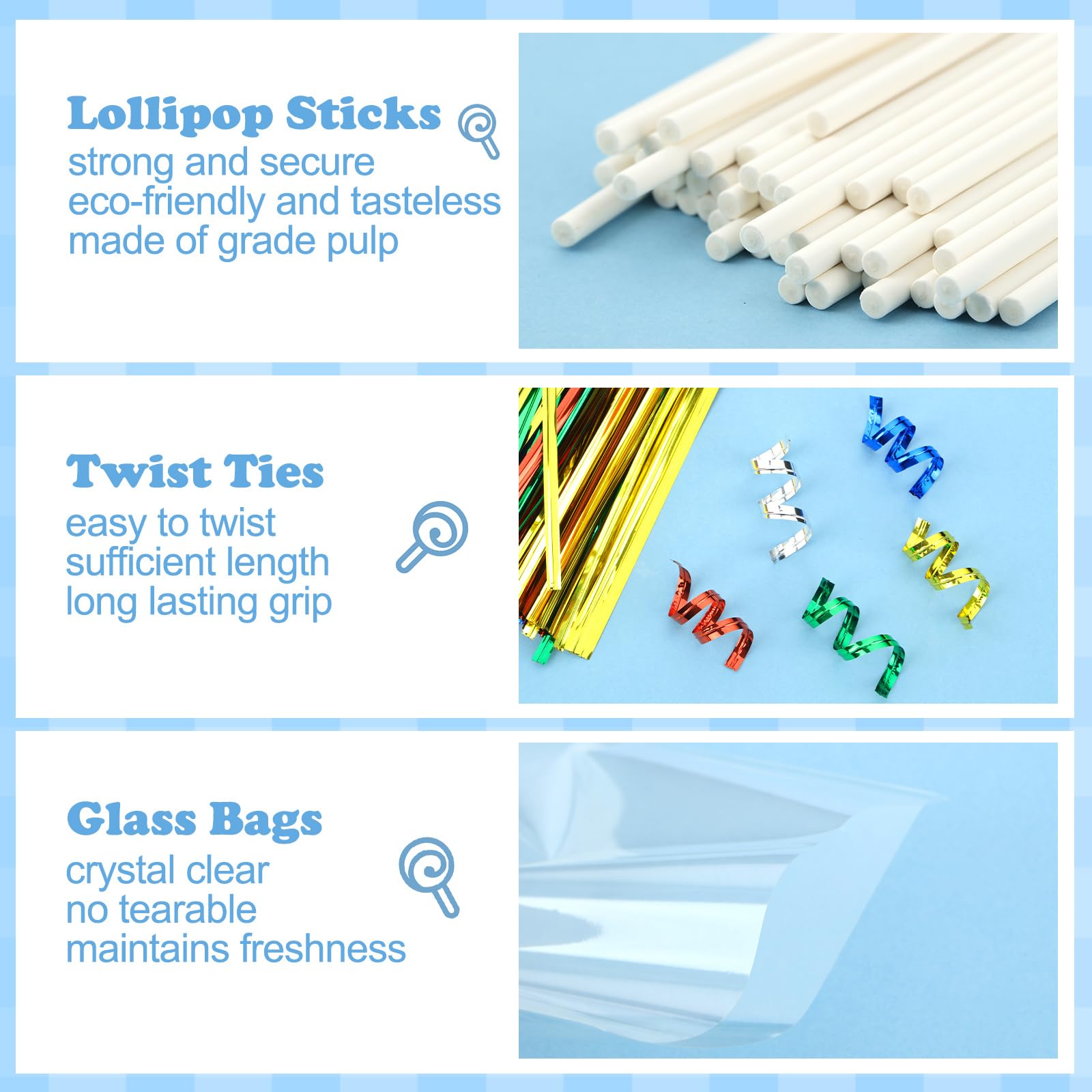 400 Pcs Cellophane Treat Bags with Ties 4"x6" and Pretzel Rod Bags 2"x10" with 50ct 6-inch Paper Lollipop Sticks,200ct Twist Ties for Treat Pretzel Candy Cookie Lollipop Party Christmas,Halloween