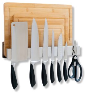 demi's home knife magnetic strip & cutting board holder for wall or fridge - 16 inch - (knives & cutting boards not included) - magnetic cutting board rack & magnetic knife holder for fridge or wall