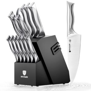 brodark knife set with block, 15 pieces knife block set with built-in sharpener, one-piece stainless steel kitchen knife set, razor sharp chef knife set, shark series