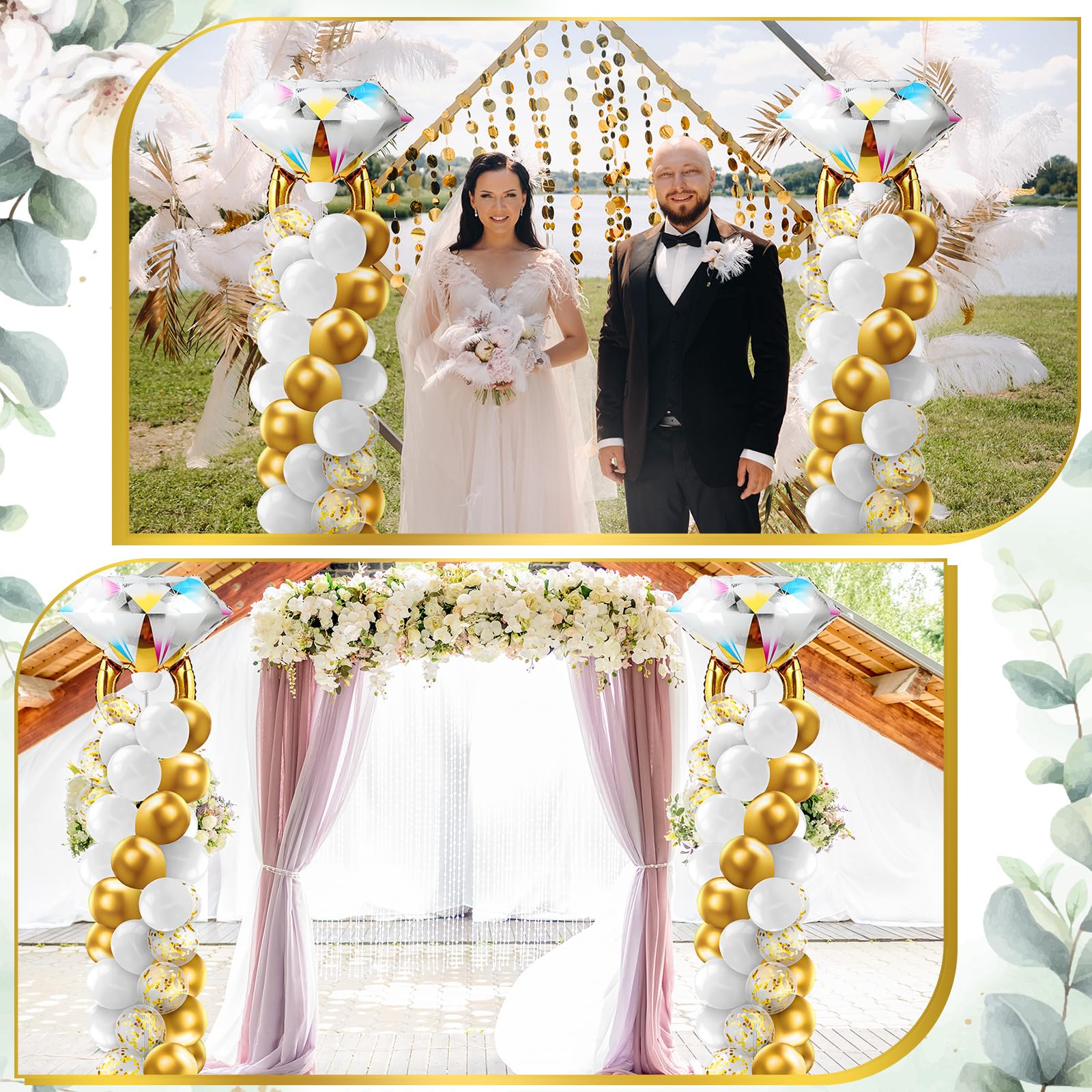 Realspring 2 Sets Diamond Ring Balloon Column Stand Kit with 2 Ring Foil Ring Balloons 100 Latex Balloons, Adjustable Balloon Stands White and Gold Balloon Arch for Bridal Shower Wedding Engagement