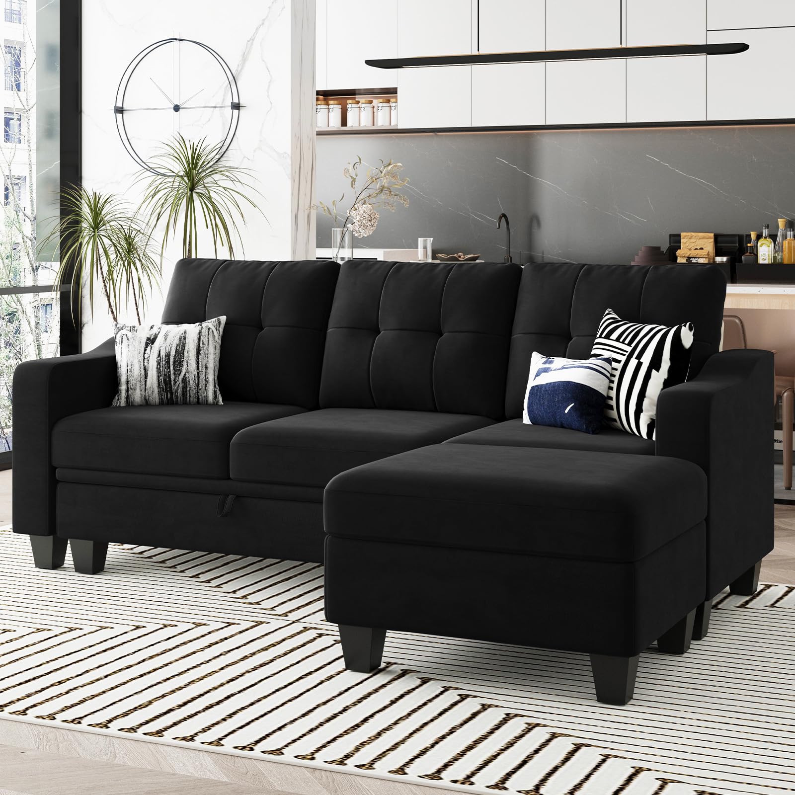 Belffin Velvet Sectional Couch with Storage, L Shaped Sofa with Chaise for Small Space, Black