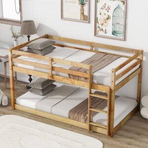 LUKEEHOM Bunk Bed Twin Over Twin, Wood Low Profile Floor Twin Bunk Beds with Ladder Guardrails for Kids Boys and Girls, No Box Spring Needed