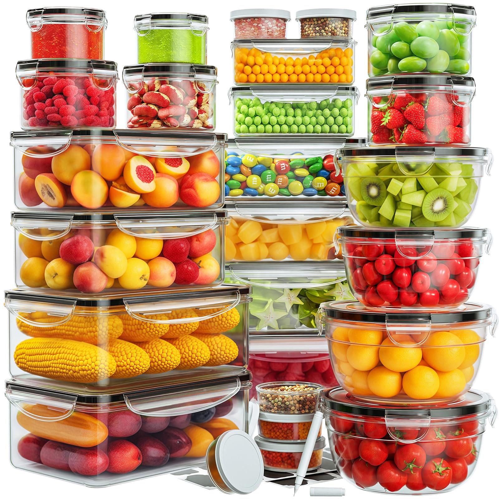 52 PCS Food Storage Containers with Lids Airtight (26 Lids & 26 Containers)- Reusable Plastic Leakproof Meal-Prep Container for Kitchen Storage Organization Microwave/Dishwasher Safe with Labels & Pen