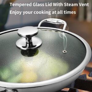 Nonstick Wok 12 Inch with Tempered Glass Lid, Stir-Fry Pan with Stay-Cool Handle & Solid Turner & Soup Ladle, Dishwasher and Oven Safe, Induction Ready, Suitable for All Stoves