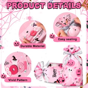 Yeaqee 50 Pcs Pink Halloween Baby Shower Bags Little Boo Plastic Halloween Bags Pink Halloween Drawstring Bag Bulk Little Boo Candy Treat Bags Bulk for Pink Halloween Birthday Party Favors Supplies