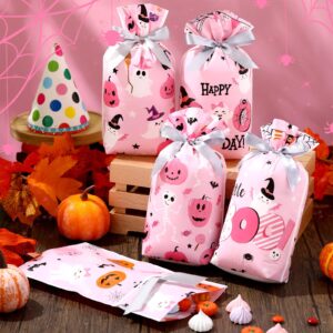 Yeaqee 50 Pcs Pink Halloween Baby Shower Bags Little Boo Plastic Halloween Bags Pink Halloween Drawstring Bag Bulk Little Boo Candy Treat Bags Bulk for Pink Halloween Birthday Party Favors Supplies