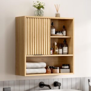 eyythung fluted wall cabinet bathroom, modern medicine cabinet with sliding door adjustable shelf wood storage cabinet wall mounted for kitchen dining room living room, natural oak