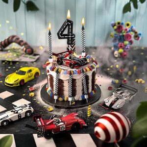 13 Pcs Racing Cars Themed Birthday Candles - 1 to 9 Number Candle & Black and White Checkered Candles, Truck Candle Cake Topper for Racing Car Party Baby Shower Party Decoration Supplies (Number 4)