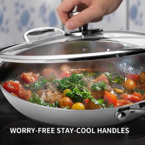 Nonstick Wok 12 Inch with Tempered Glass Lid, Stir-Fry Pan with Stay-Cool Handle & Solid Turner & Soup Ladle, Dishwasher and Oven Safe, Induction Ready, Suitable for All Stoves