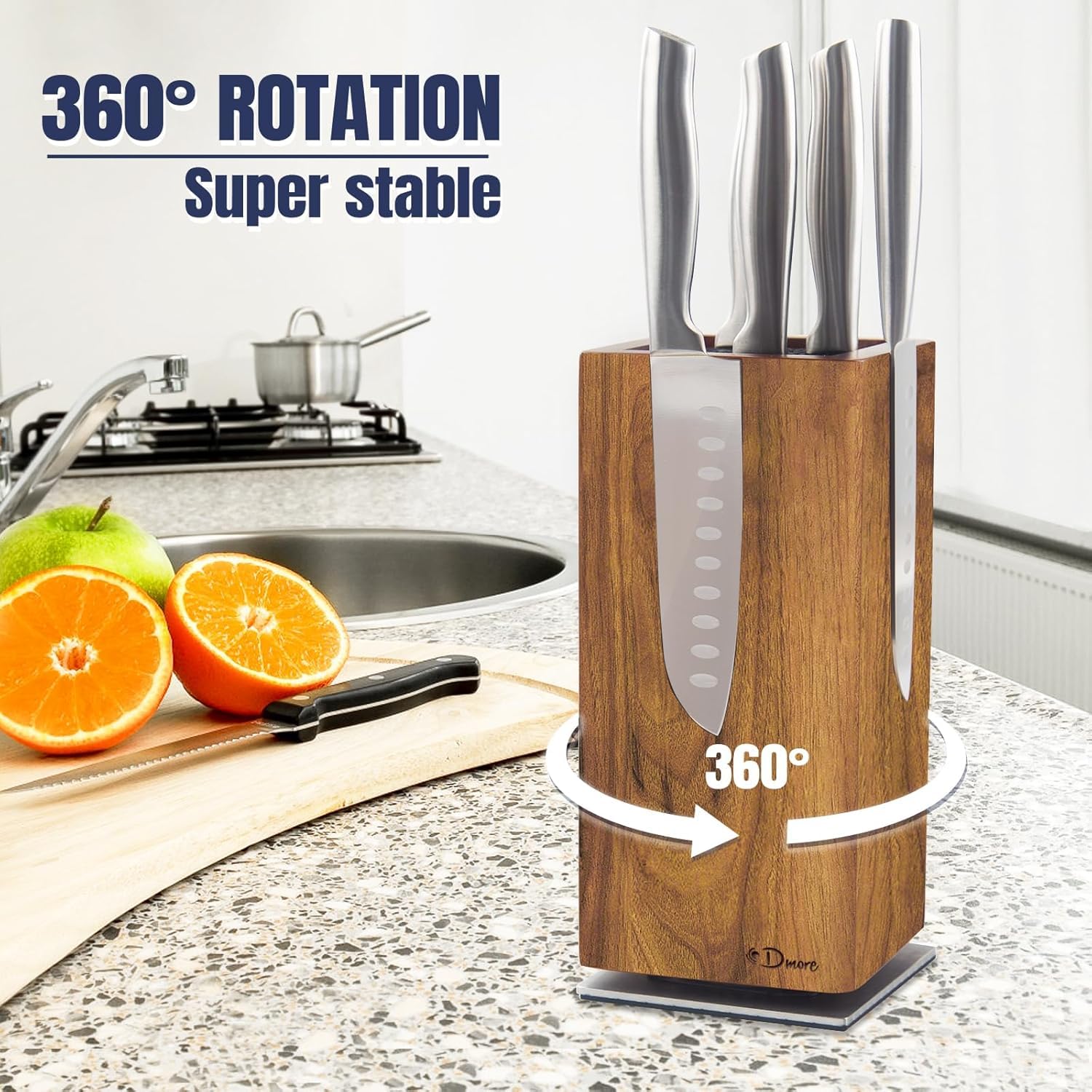 Dmore magnetic knife block without knives, 360° rotatable magnet knife holder stand made of fine acacia wood, Extra Large capacity knife storage for knives and utensils for kitchen counter top