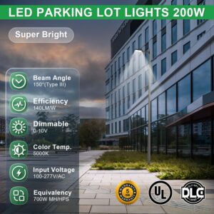 200W LED Parking Lot Light, 28000LM(140lm/w) LED Shoebox Pole Area Light(700W HID/HPS Equivalent) -Direct Arm Mount 5000K Dimmable Outdoor Commercial Street Lighting IP65 100-277V UL DLC Listed