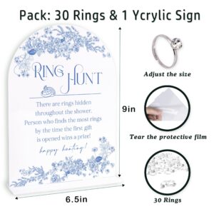 Blue Flower Bridal Shower Party Ring Scavenger Hunt, The Ring Hunt Game, 1 Sign & 30 Rings, Bridal Shower Decoration, Wedding Party Games(xzjz03)