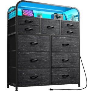 enhomee black dresser with led lights & charging station, dresser for bedroom with 2 tier shelves & 4 hooks, 11 drawers dresser, closet, living room, entryway,sturdy frame,wooden top