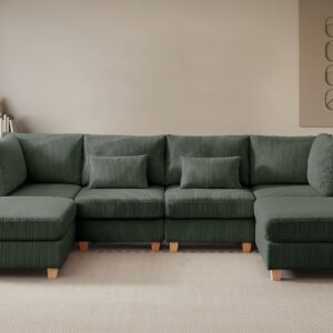 MYINDA U Shaped Sectional Couches for Living Room, 110 Inch Modular Sectional Sofa with Movable Ottoman, Corduroy Oversized Living Room Furniture Sets (Dark Green)