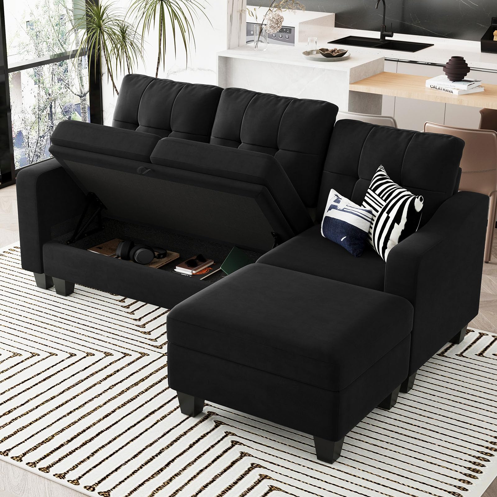 Belffin Velvet Sectional Couch with Storage, L Shaped Sofa with Chaise for Small Space, Black