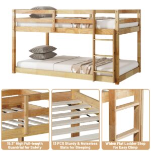 LUKEEHOM Bunk Bed Twin Over Twin, Wood Low Profile Floor Twin Bunk Beds with Ladder Guardrails for Kids Boys and Girls, No Box Spring Needed