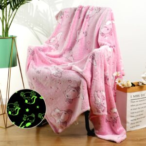 axolotl blanket glow in the dark soft blanket salamander pink throw axolotl gifts toys room decor cute cozy pink kids blanket throw for girls teen (axolotl, 40"x60")