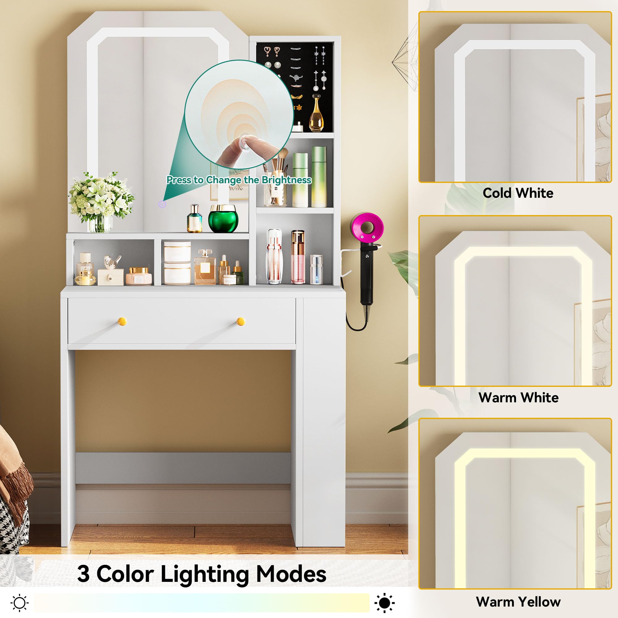 YITAHOME Small Makeup Vanity Desk with Mirror and Adjustable Lights, Vanity Table with Jewelry Foam, Storage Drawer, Shelves, and Side Storage for Bedroom, Dressing Room