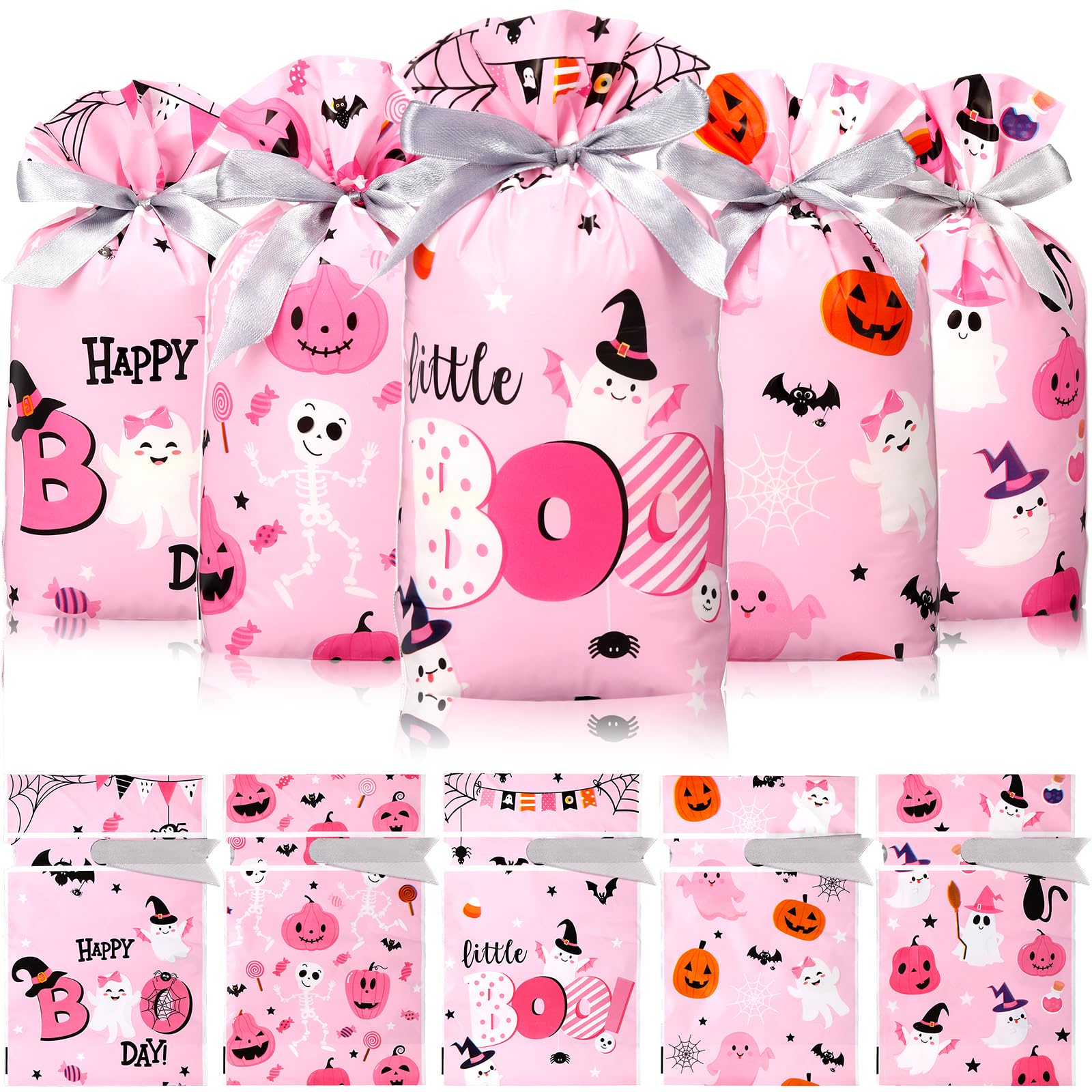 Yeaqee 50 Pcs Pink Halloween Baby Shower Bags Little Boo Plastic Halloween Bags Pink Halloween Drawstring Bag Bulk Little Boo Candy Treat Bags Bulk for Pink Halloween Birthday Party Favors Supplies