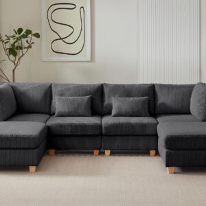 MYINDA U Shaped Sectional Couches for Living Room, 110 Inch Modular Sectional Sofa with Movable Ottoman, Corduroy Oversized Living Room Furniture Sets (Dark Gray)