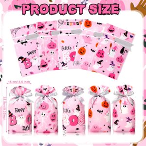 Yeaqee 50 Pcs Pink Halloween Baby Shower Bags Little Boo Plastic Halloween Bags Pink Halloween Drawstring Bag Bulk Little Boo Candy Treat Bags Bulk for Pink Halloween Birthday Party Favors Supplies