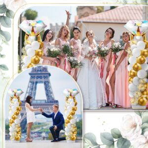 Realspring 2 Sets Diamond Ring Balloon Column Stand Kit with 2 Ring Foil Ring Balloons 100 Latex Balloons, Adjustable Balloon Stands White and Gold Balloon Arch for Bridal Shower Wedding Engagement