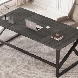 IBF Long Desks for Home Office, Large Metal Wooden Computer Desk for 2 Monitors, 70 Inch Two Person Desk for Executive Work Writing Study Gaming, Industrial Modern Big Double Desk, Dark Gray Oak