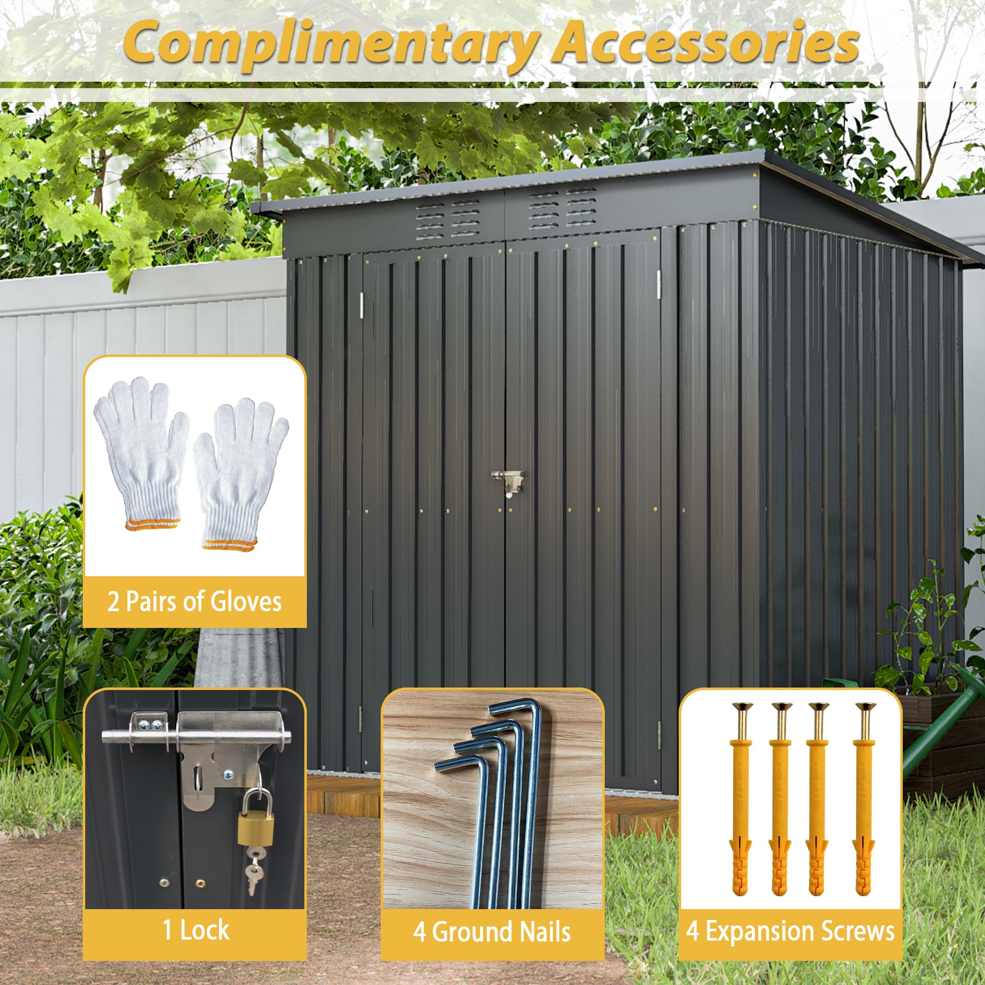 Large Metal Outdoor Storage Shed, 6 X 4 Foot Outdoor Storage Shed, Galvanized Metal Storage Shed for Outdoor Garden Sheds, Backyard Tool Storage Shed, Lawn, Terrace Black