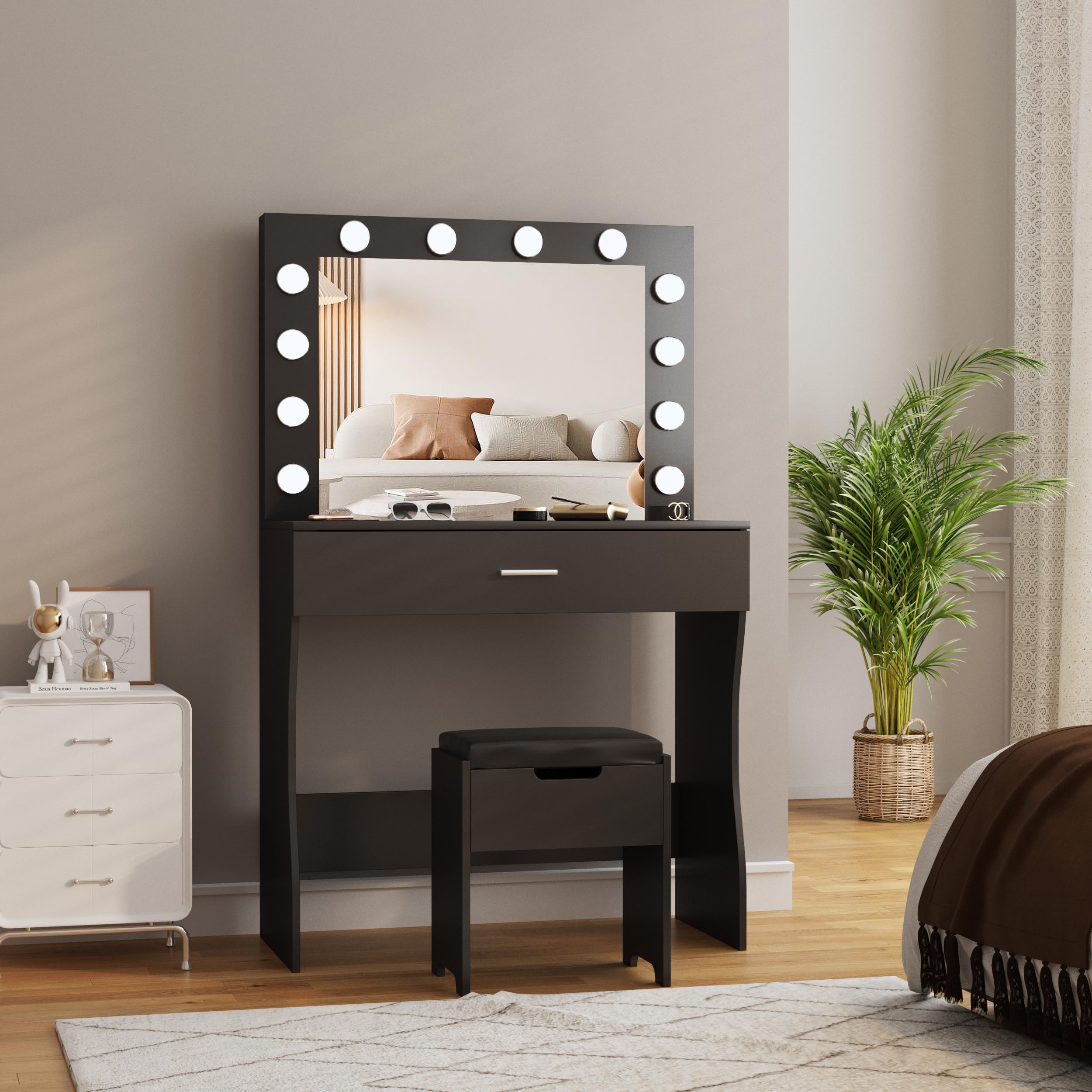 Vanity Desk with Mirror and Lights, Adjustable Brightness, Black Vanity Table Set with Storage Drawer,Makeup Vanity Set with Cushioned Chair