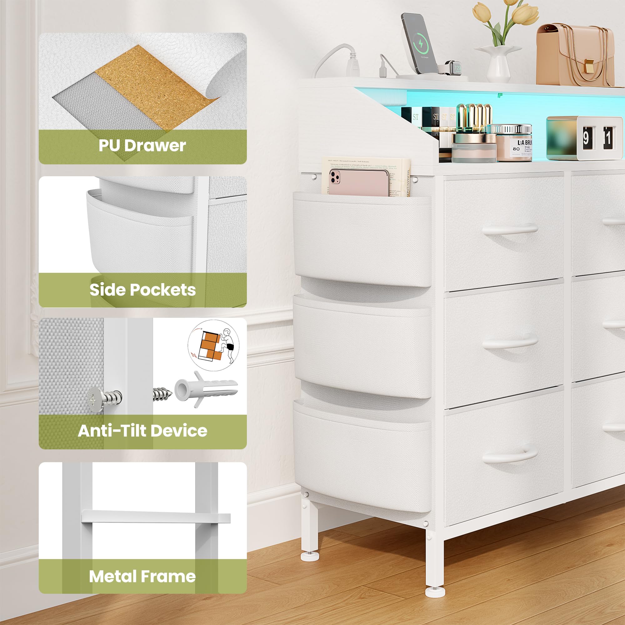 Lulive White Dresser for Bedroom 9 Drawers - Fabric Dressers for Bedroom with LED Light & Charging Station - Adults Chest of Drawers for Living Room Hallway Closet Nursery (White)