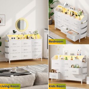 Lulive White Dresser for Bedroom 9 Drawers - Fabric Dressers for Bedroom with LED Light & Charging Station - Adults Chest of Drawers for Living Room Hallway Closet Nursery (White)