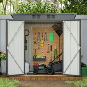 large metal outdoor storage shed, 6 x 4 foot outdoor storage shed, galvanized metal storage shed for outdoor garden sheds, backyard tool storage shed, lawn, terrace black