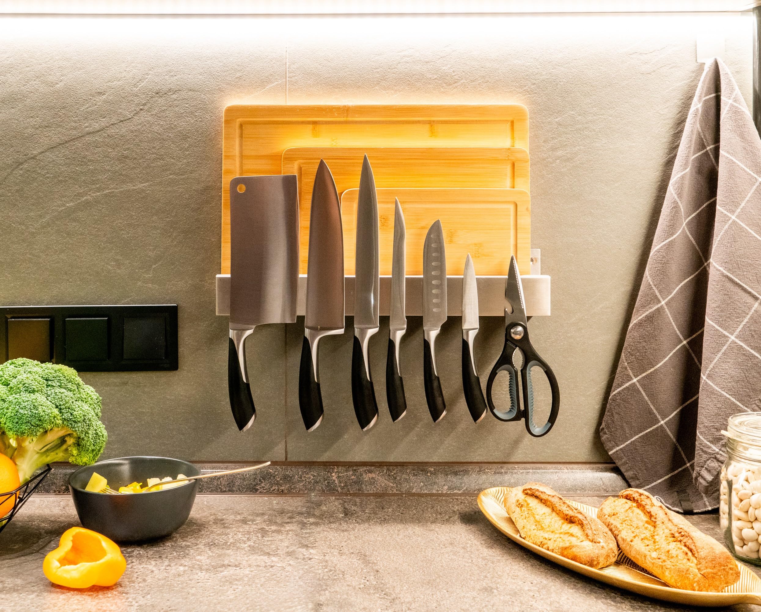 Demi's Home Knife Magnetic Strip & Cutting Board Holder for Wall or Fridge - 16 inch - (Knives & Cutting Boards Not Included) - Magnetic Cutting Board Rack & Magnetic Knife Holder for Fridge or Wall