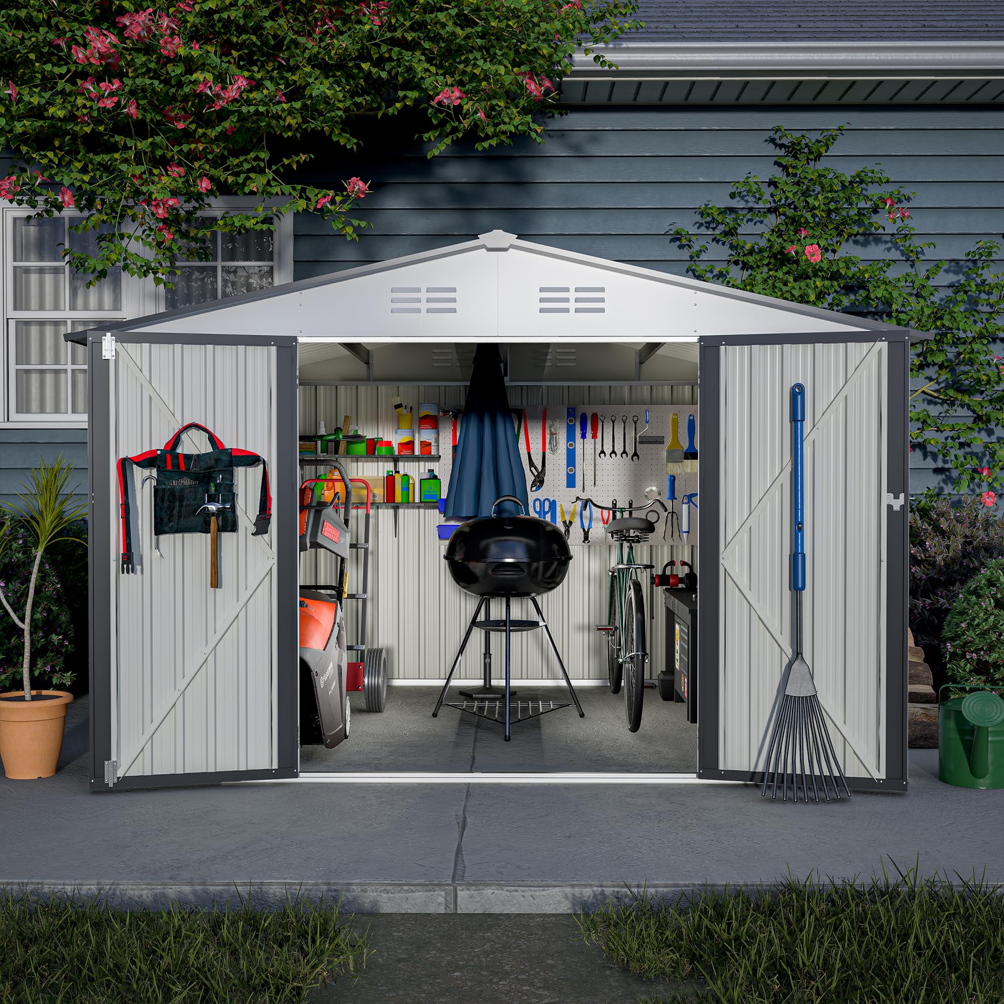 Large Metal Outdoor Storage Shed, 10x8 Foot Outdoor Storage Shed, All-Weather Metal Shed with Metal Base and Lockable Door, Backyard Tool Storage Shed, Lawn, Terrace, White