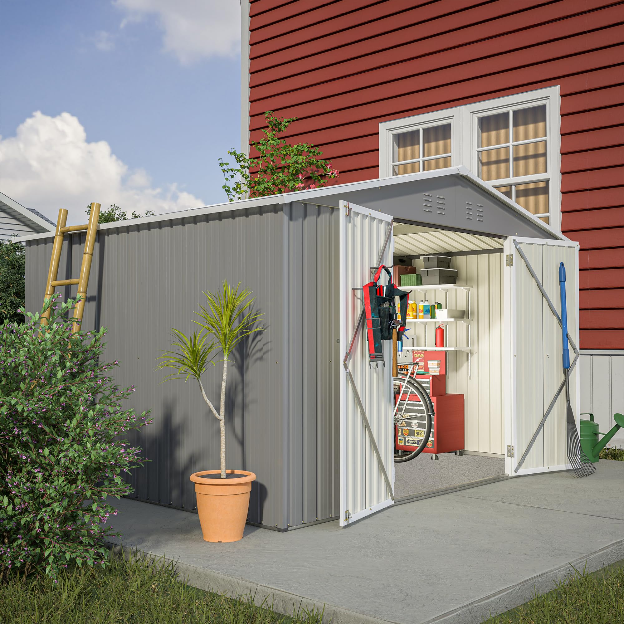 Backyard Shed,10 X 8 Ft Large Metal Tool Sheds, Heavy Duty Storage House with Sliding Doors with Air Vent for Backyard Patio Lawn to Store Bikes, Tools, Lawnmowers Dark Grey