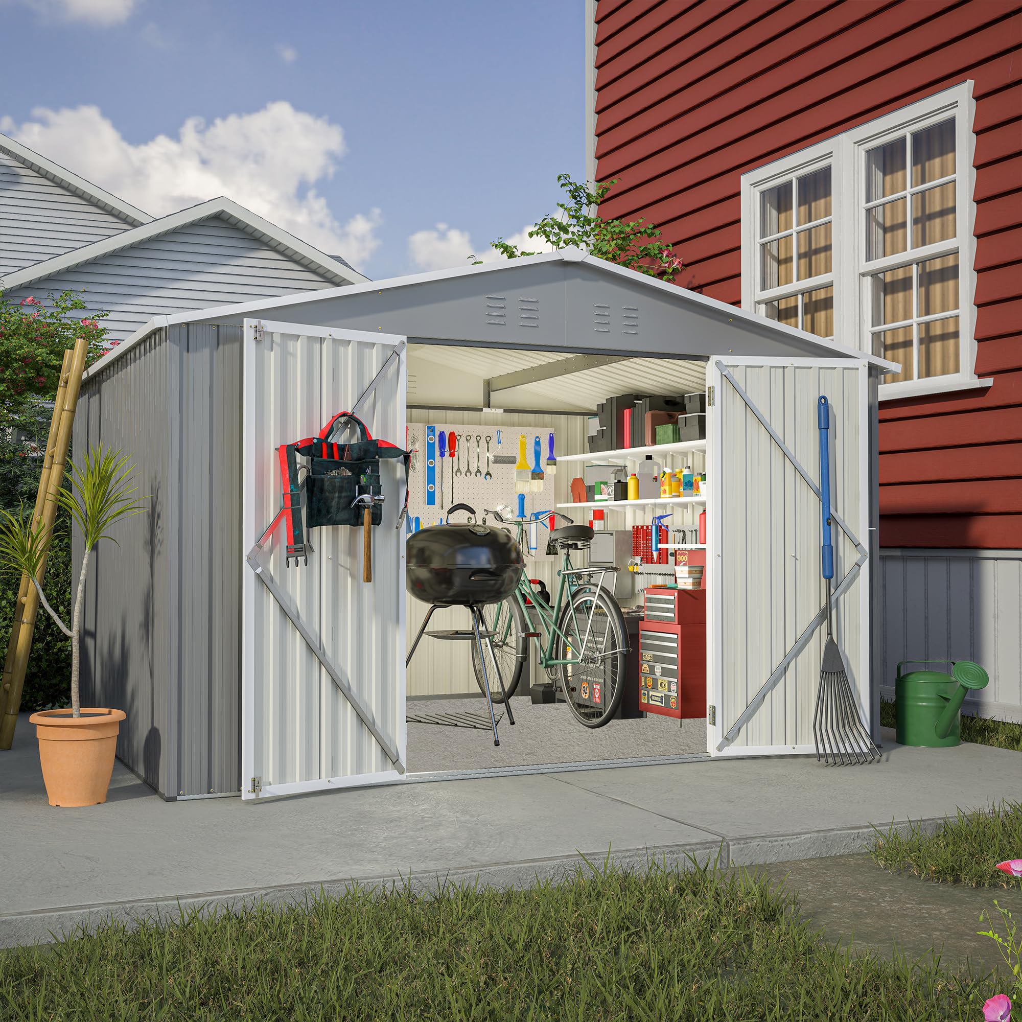 Backyard Shed,10 X 8 Ft Large Metal Tool Sheds, Heavy Duty Storage House with Sliding Doors with Air Vent for Backyard Patio Lawn to Store Bikes, Tools, Lawnmowers Dark Grey